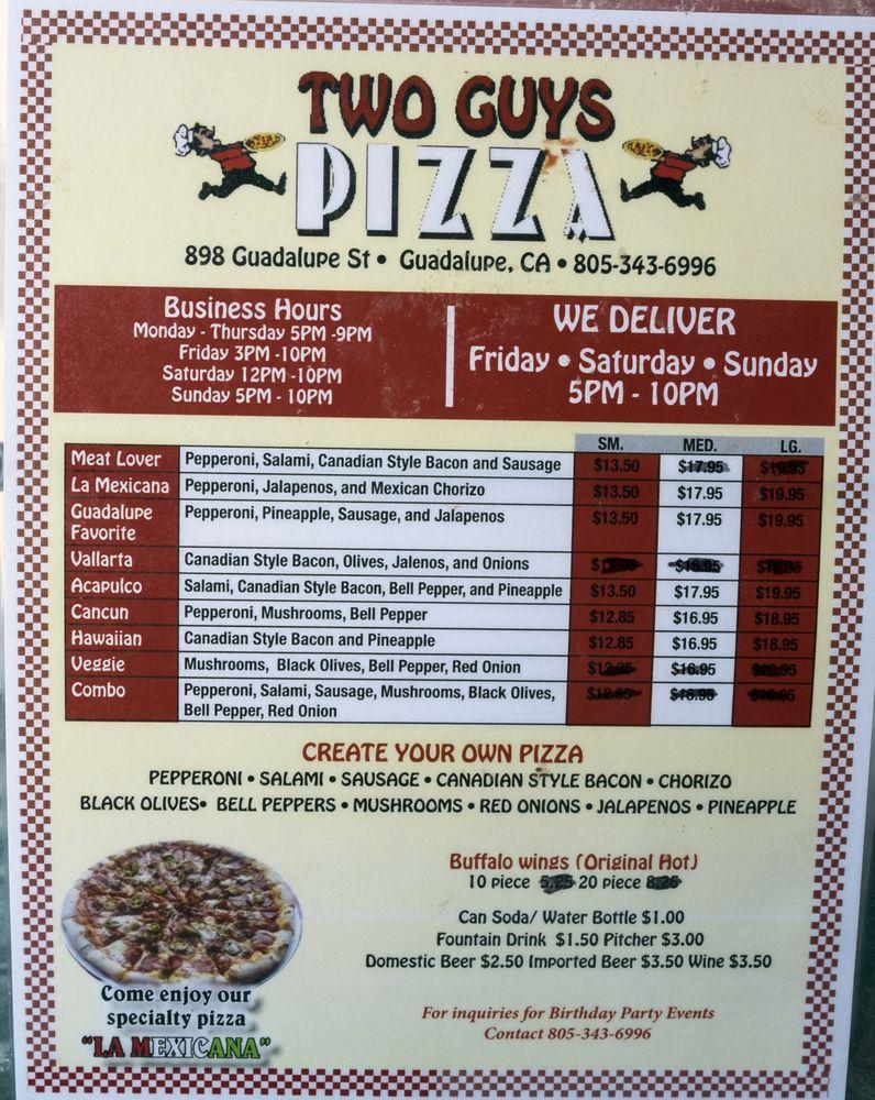 Menu at Two Guy's Pizza pizzeria, Guadalupe