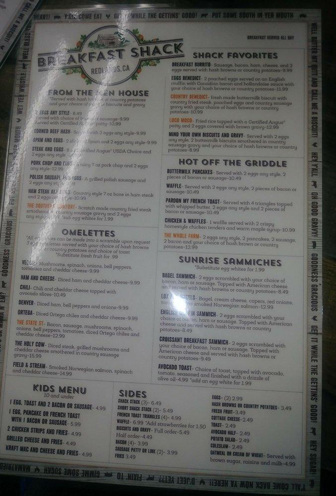 Menu at Breakfast Shack restaurant, Redlands