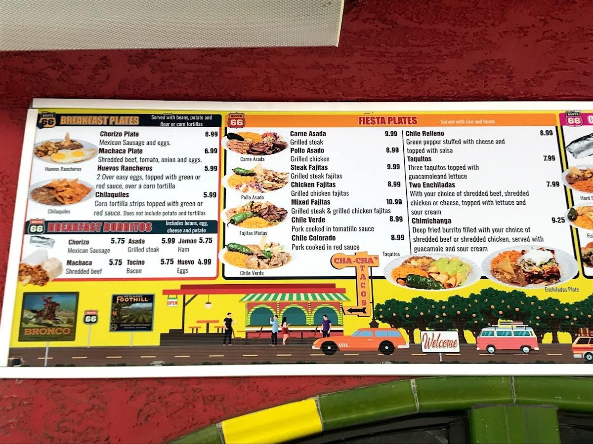 Menu at Cha-Cha's Tacos restaurant, Redlands