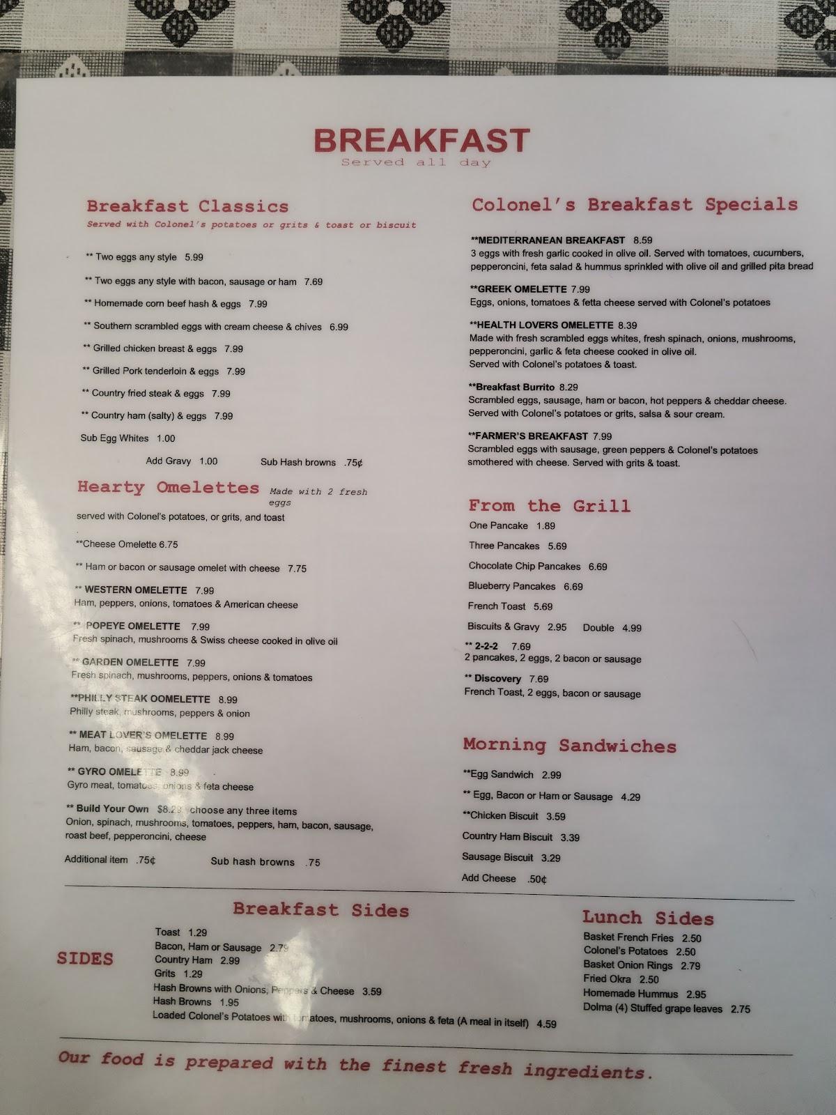 Menu at Colonel's Cafe, Knoxville