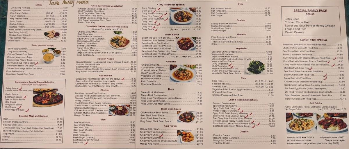 Carta de Commodore Chinese Restaurant & Takeaway, Forrestfield
