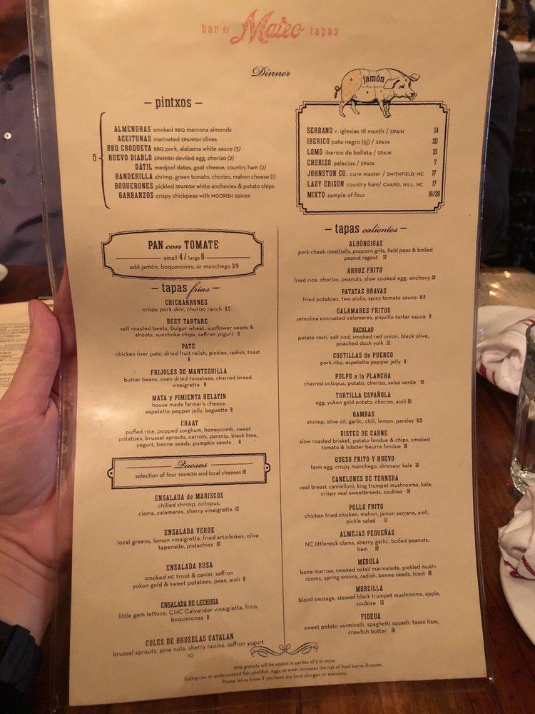 Menu at Mateo Bar de Tapas, Durham