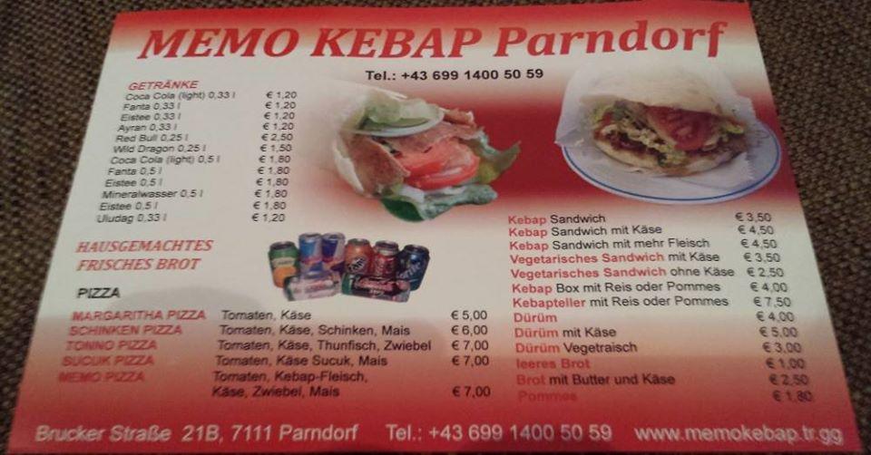 Menu at Memo Kebap restaurant, Parndorf