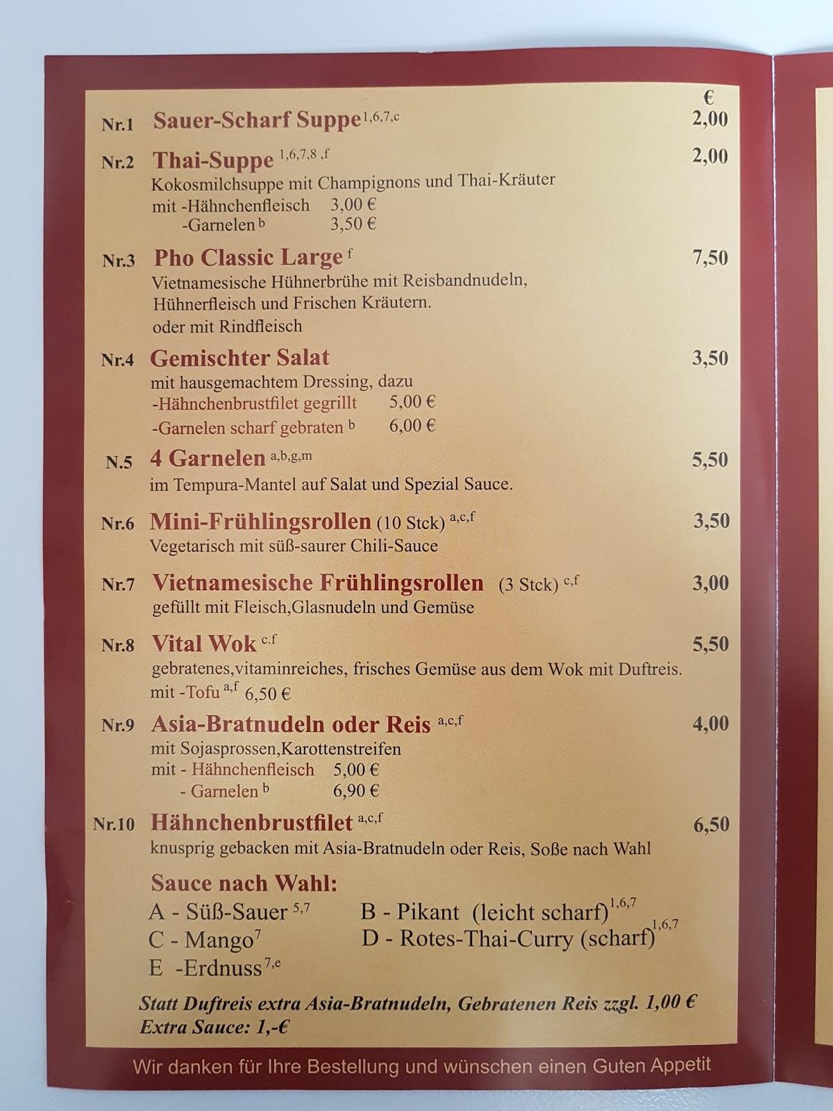 Menu at Mr. Tran restaurant, Schwetzingen