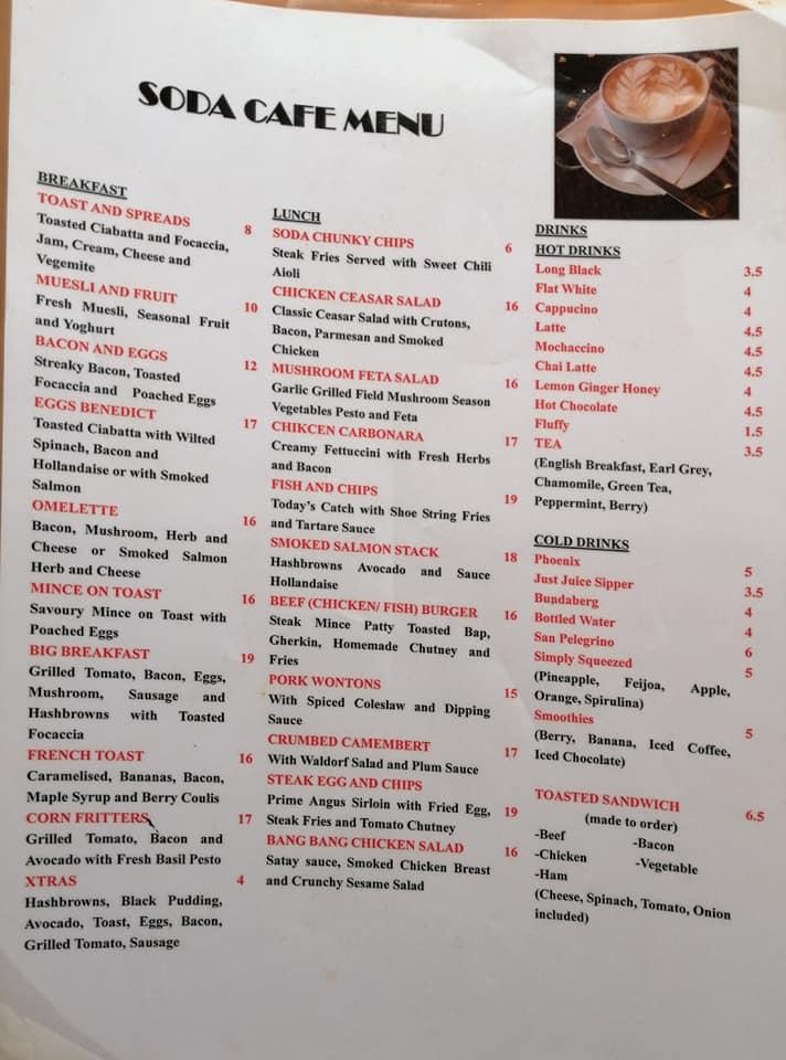 Menu at Soda Cafe, Whangarei