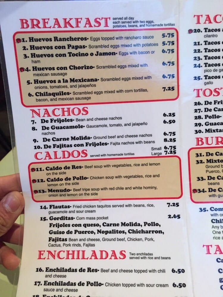 Menu at Tipico's restaurant, Dallas