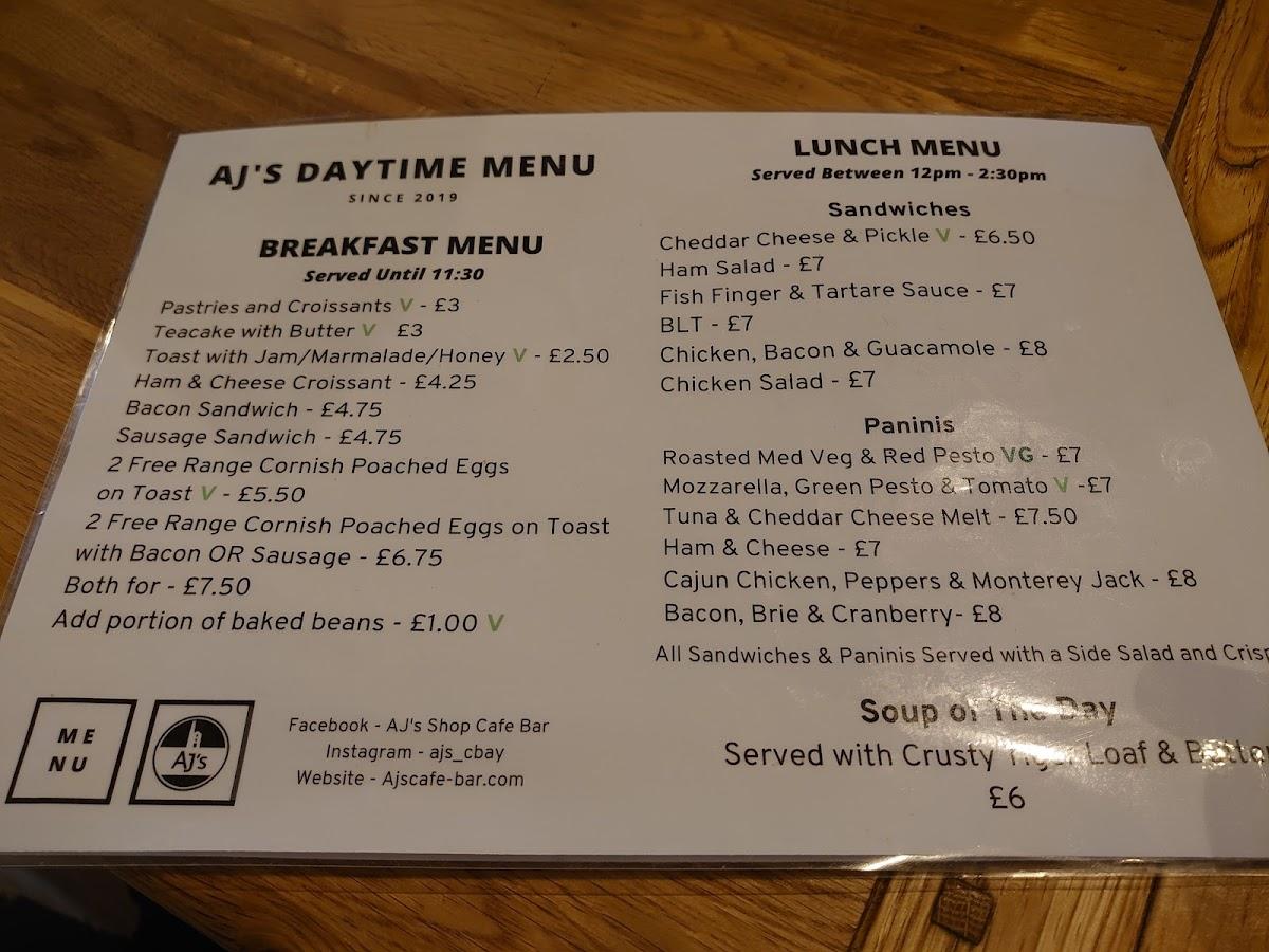 Menu at AJ's Coffee Shop cafe, Saint Austell