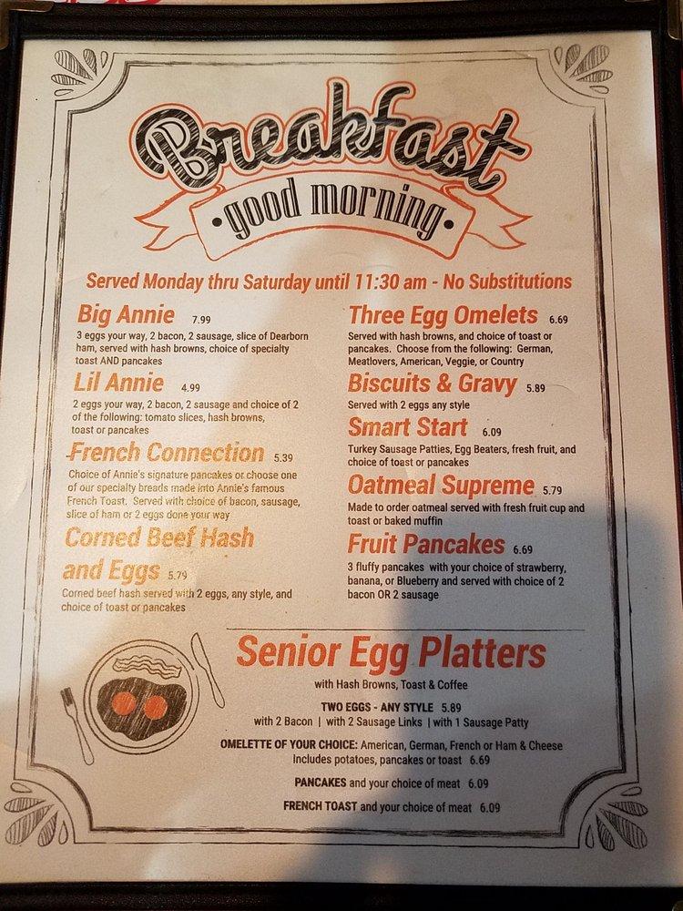 Menu at Apple Annie's restaurant, Roseville