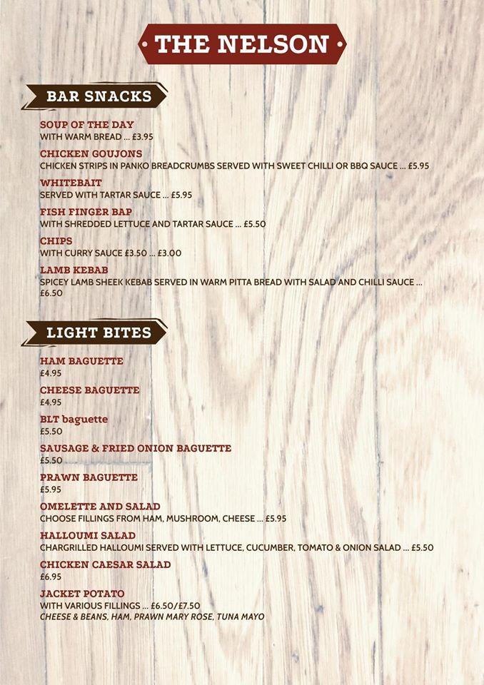 Carta de The Brave Nelson Pub, Brentwood