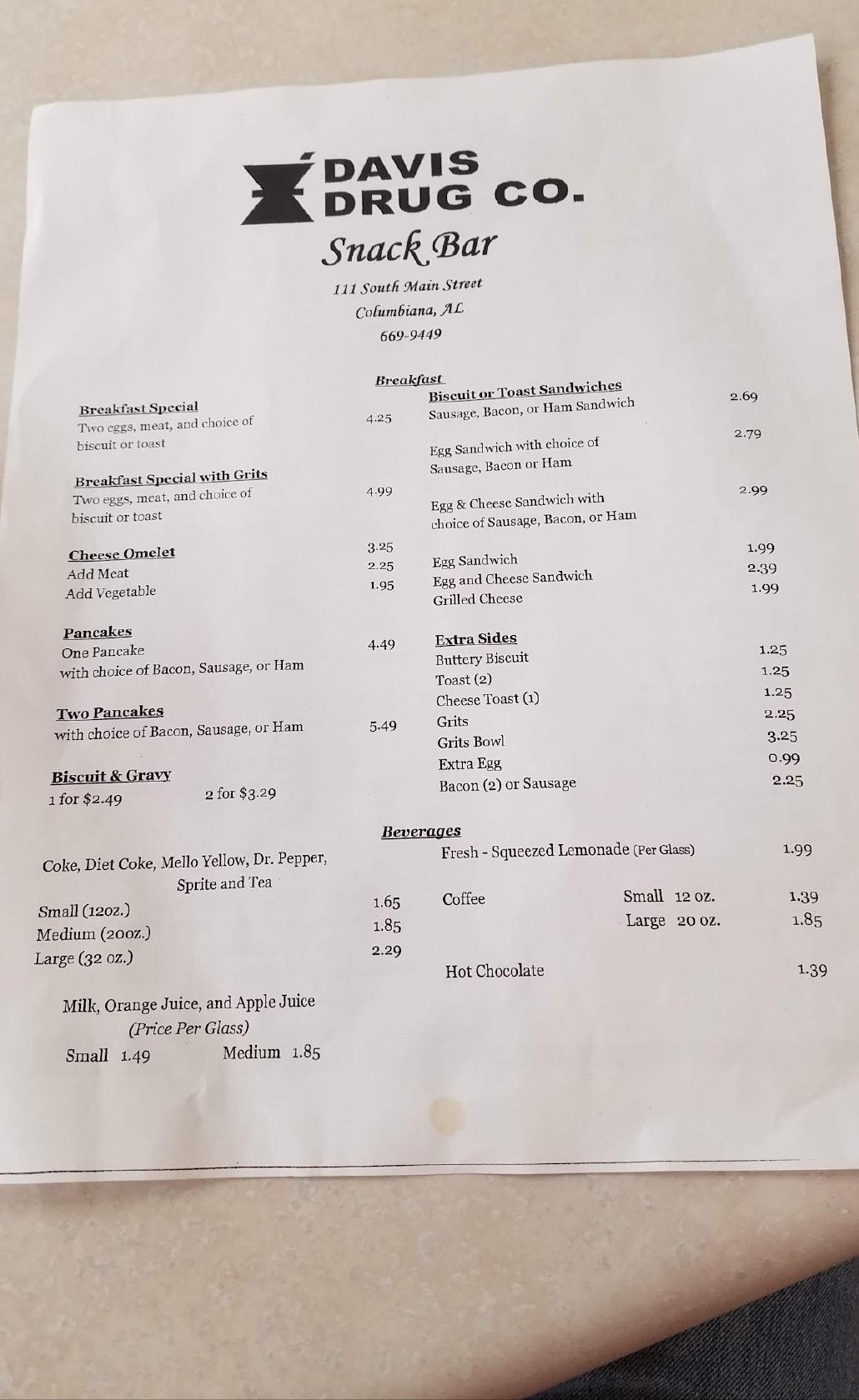Menu at Davis Drug Snack Bar, Columbiana