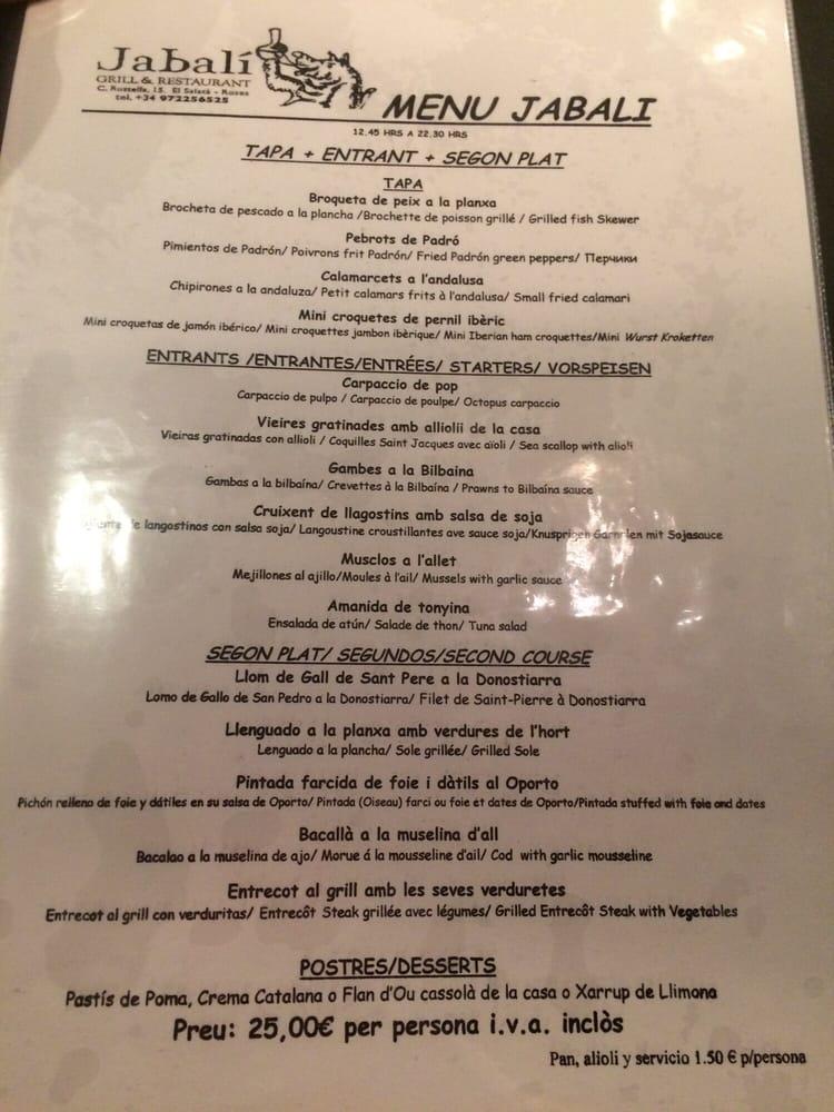Carta del restaurante El Jabalí, Roses