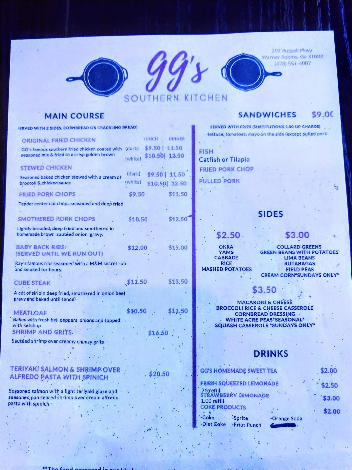 Menu at GG's Southern Kitchen restaurant, Warner Robins