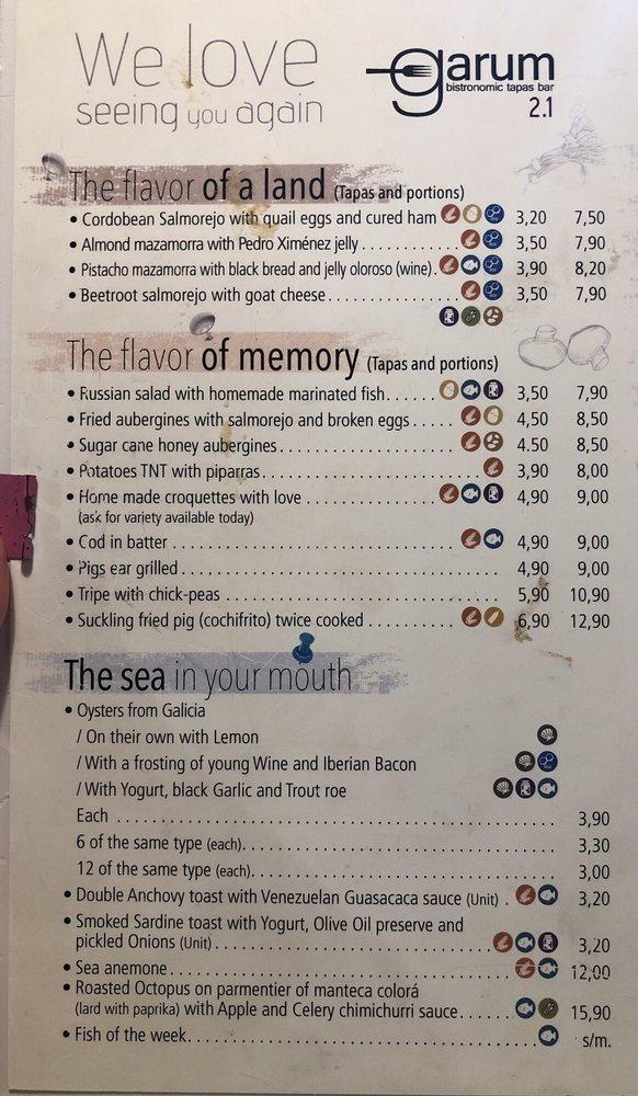 Carta del restaurante Garum 2.1, Córdoba