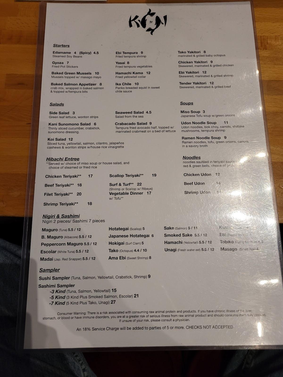 Menu at Koi Japanese Sushi Bar & Lounge, Beaumont