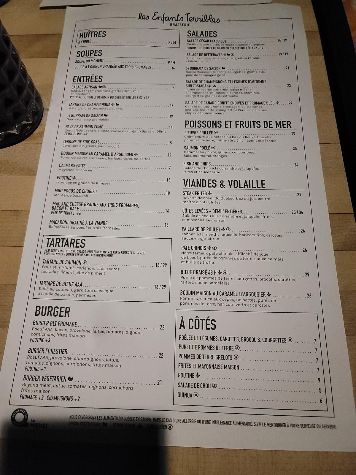 Menu at Les Enfants Terribles — Magog restaurant, Magog