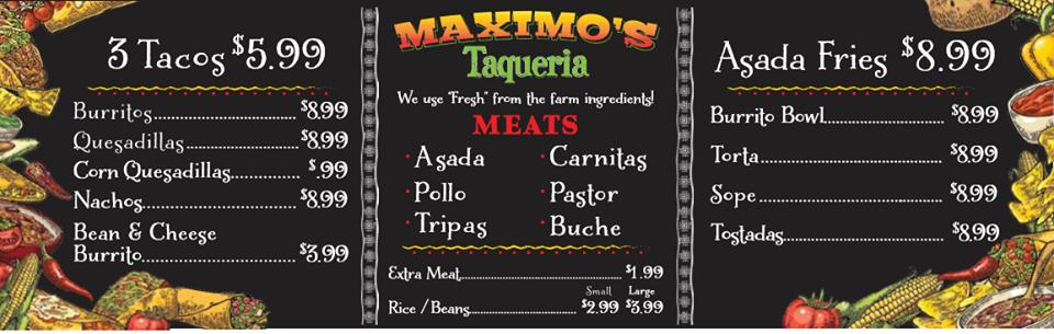 Menu at MAXIMOS TAQUERIA restaurant, Porterville