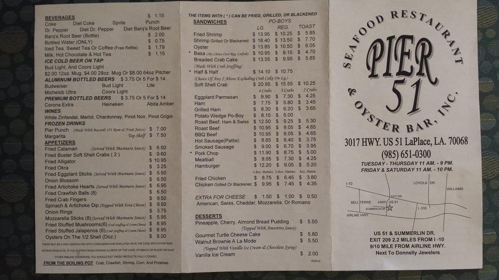 Menu at Pier 51 Seafood Restaurant & Oyster Bar, LaPlace
