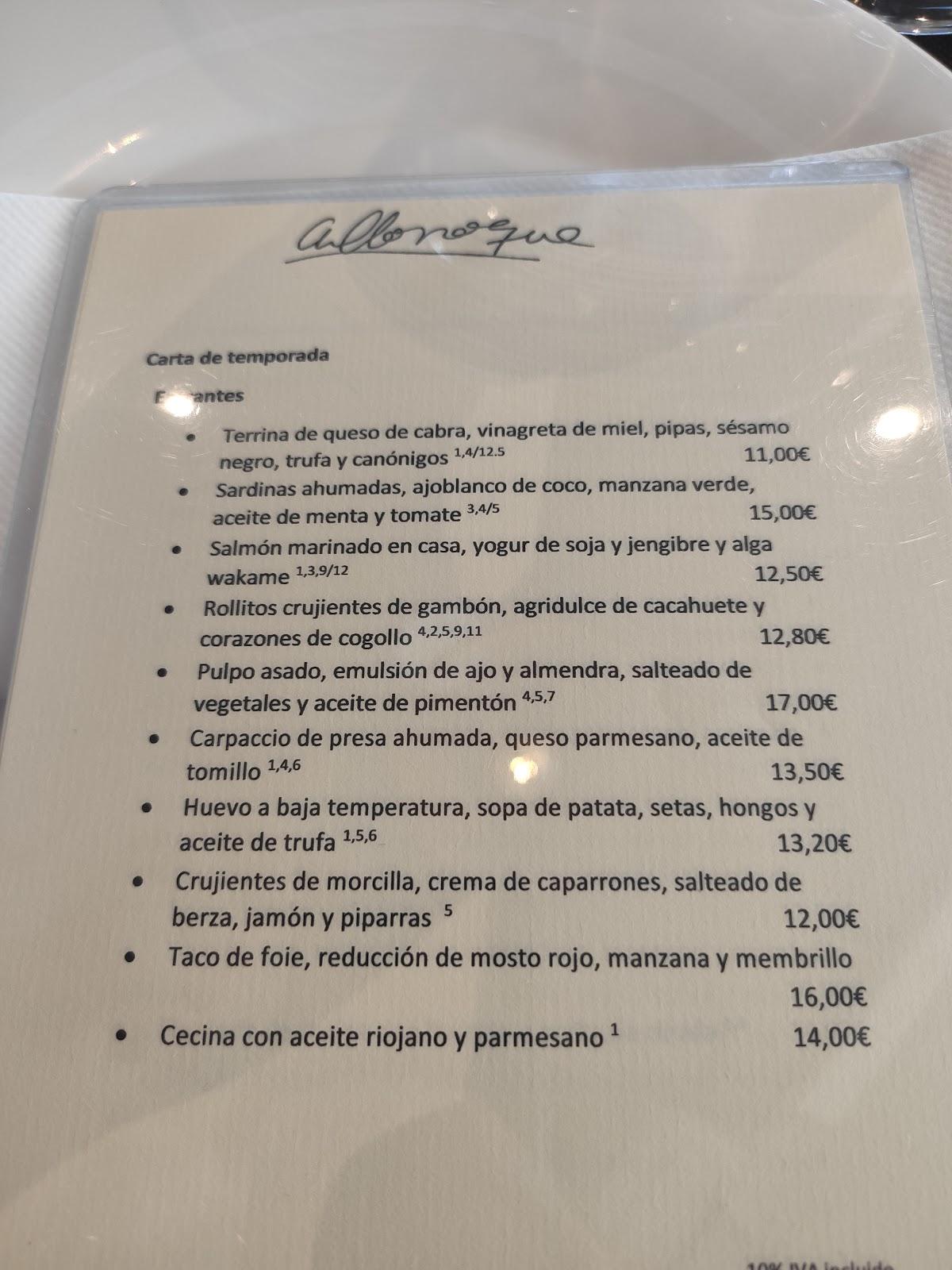 Carta de Restaurante Alboroque, Haro