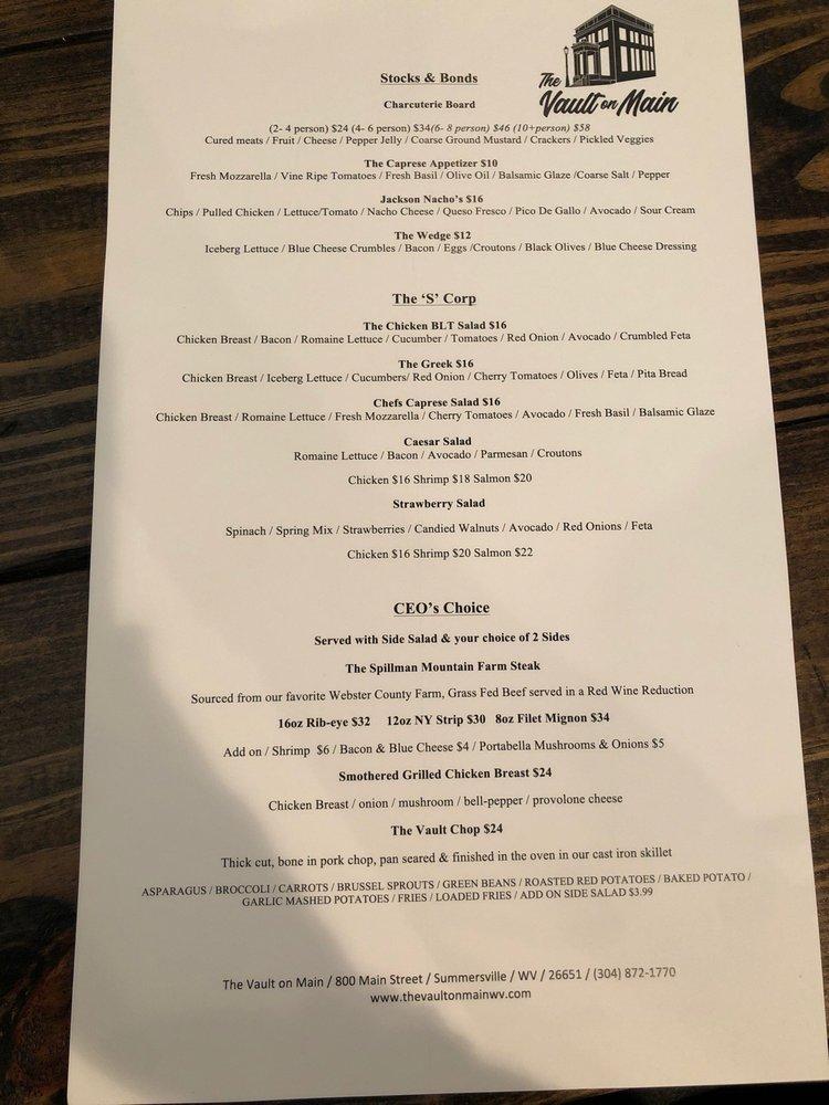 Menu at The Vault on Main pub & bar, Summersville