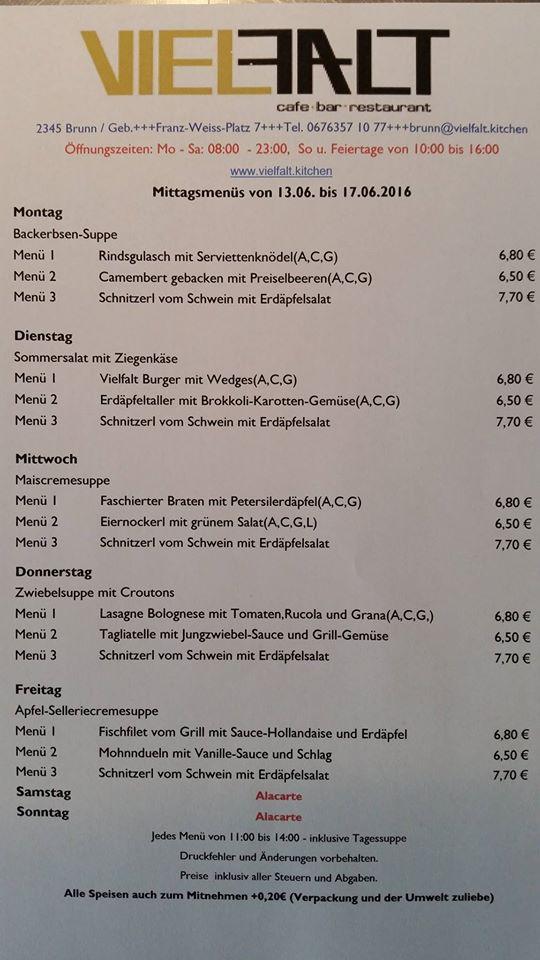Menu at Vielfalt restaurant, Brunn am Gebirge, Adolf Hruza Straße