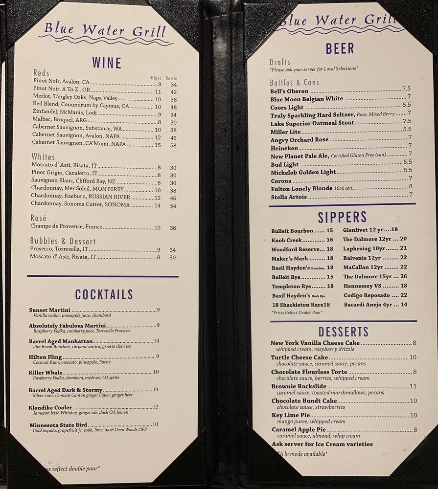 Menu at Blue Water Grill pub & bar, Bloomington