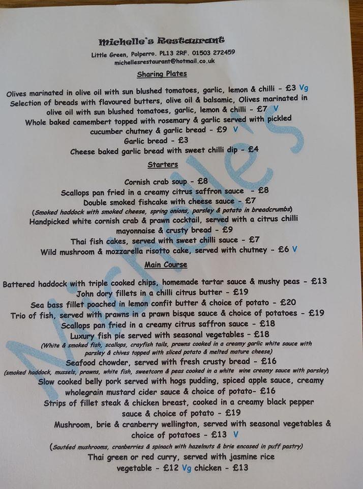 Menu at Michelle's Restaurant, Polperro