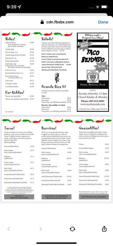 Menu at Taco Beyondo restaurant, Hillsboro