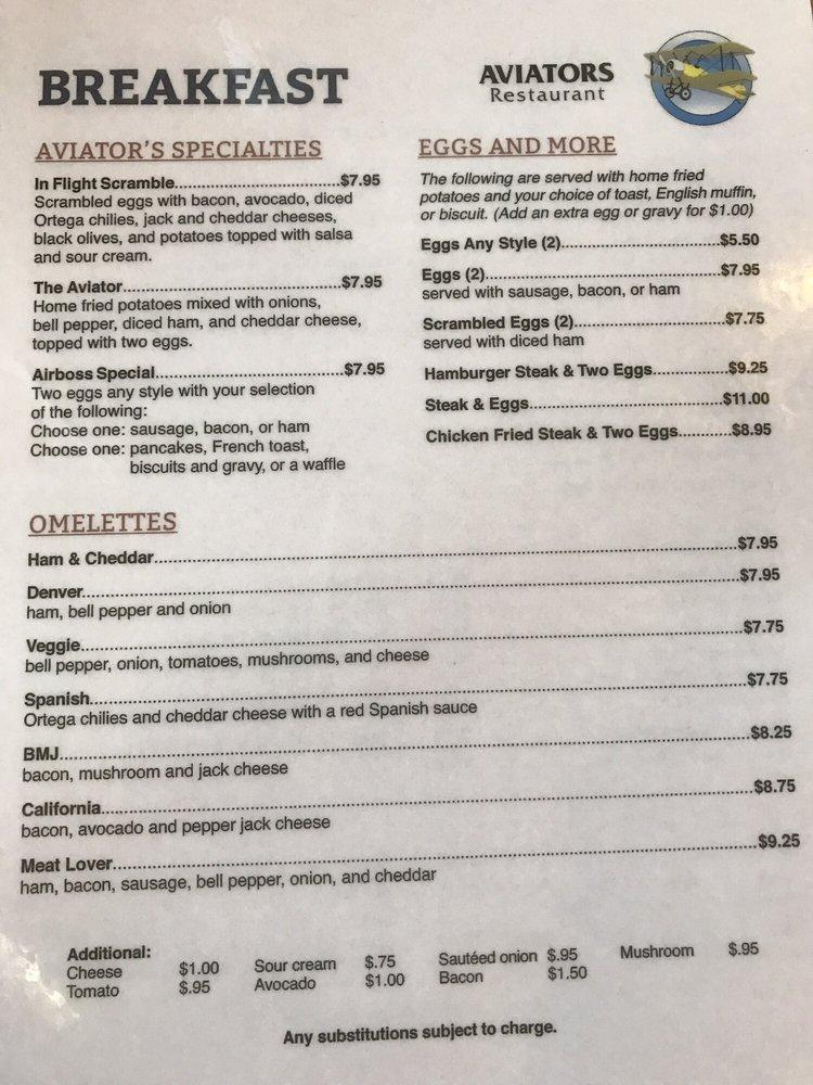 Menu at Aviator's Restaurant & Catering, Sacramento