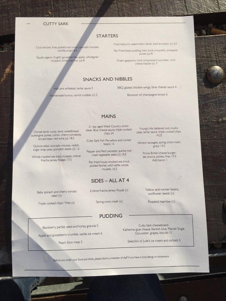 Menu at The Cutty Sark pub & bar, London, 4-6 Ballast Quay