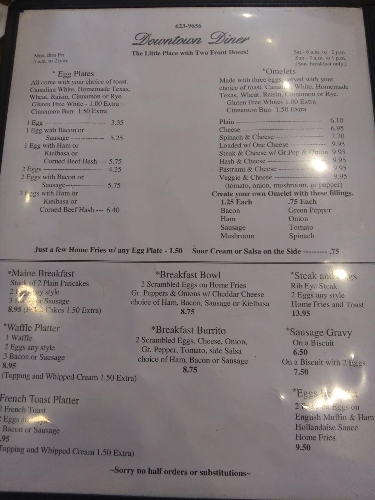 Menu at Downtown Diner restaurant, Augusta