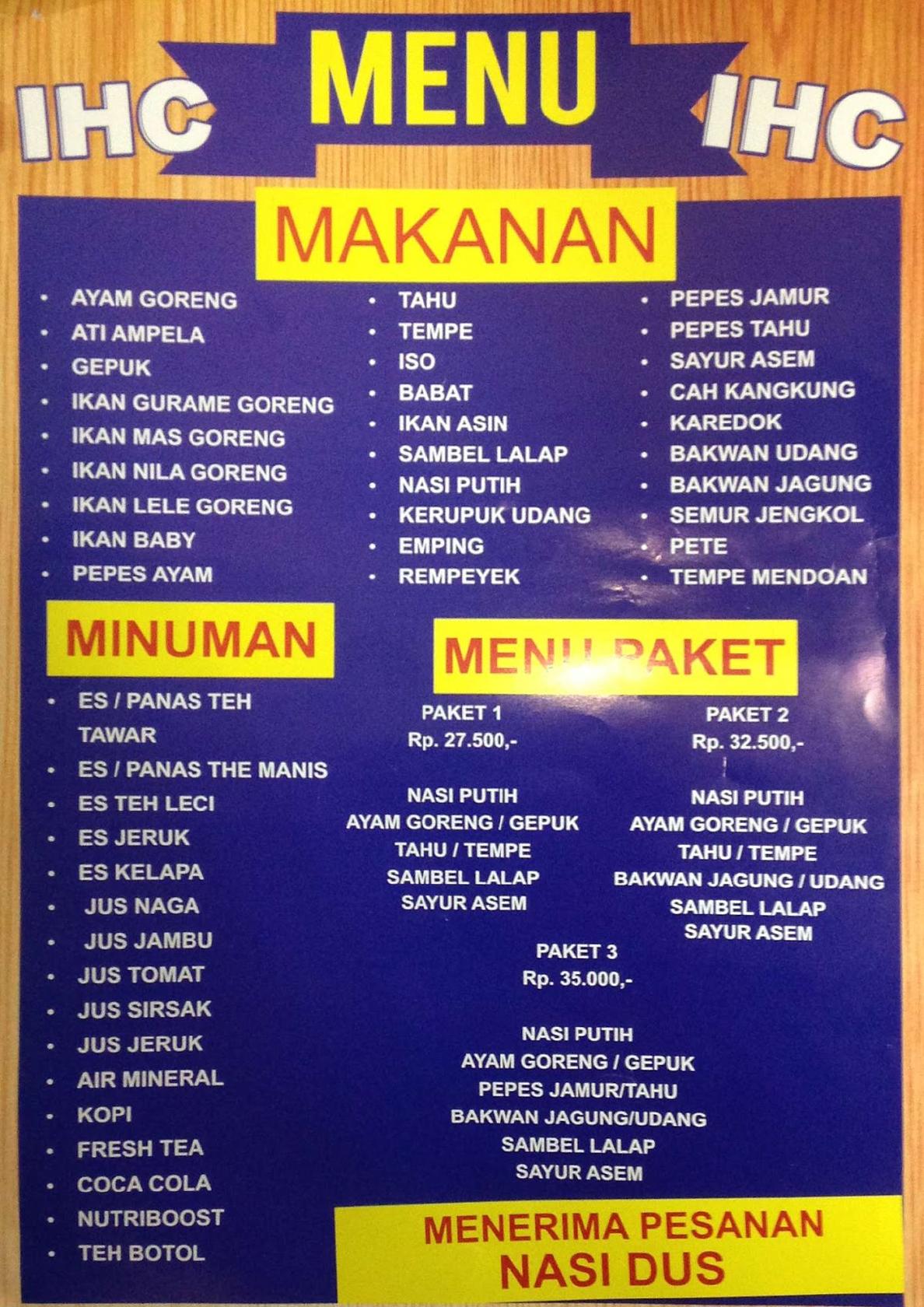 Menu at IHC Ciputat restaurant, Pisangan