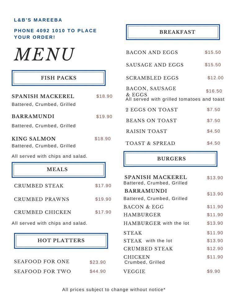 Menu at L&Bs Fish n Chips restaurant, Mareeba