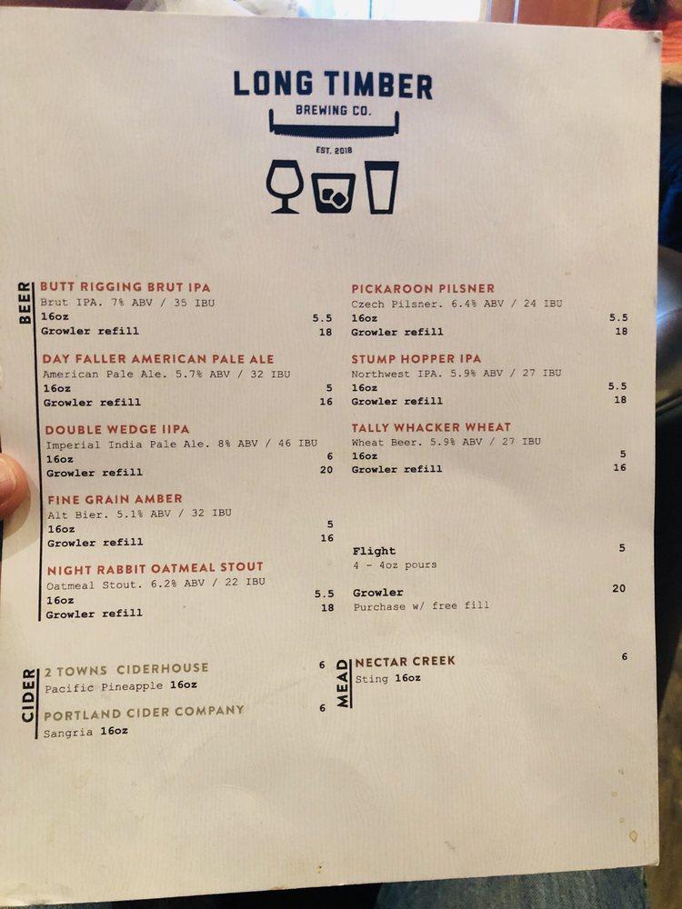 Menu at Long Timber Brewing pub & bar, Monroe