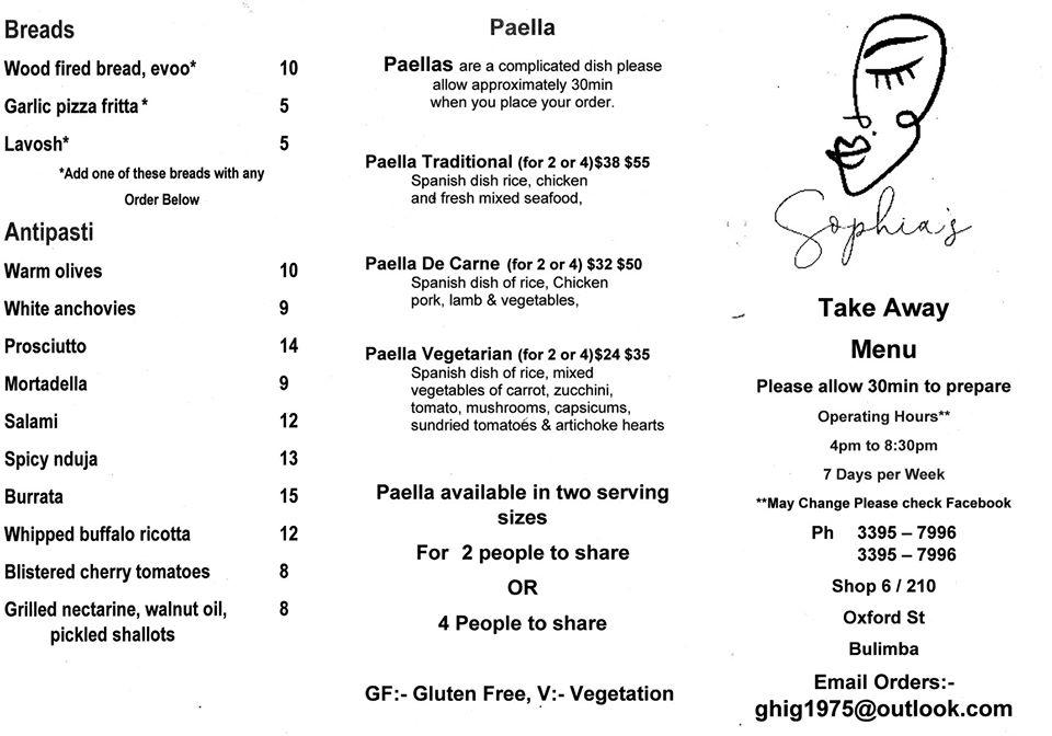 Menu at Sophia's Italian Bulimba restaurant, Brisbane City