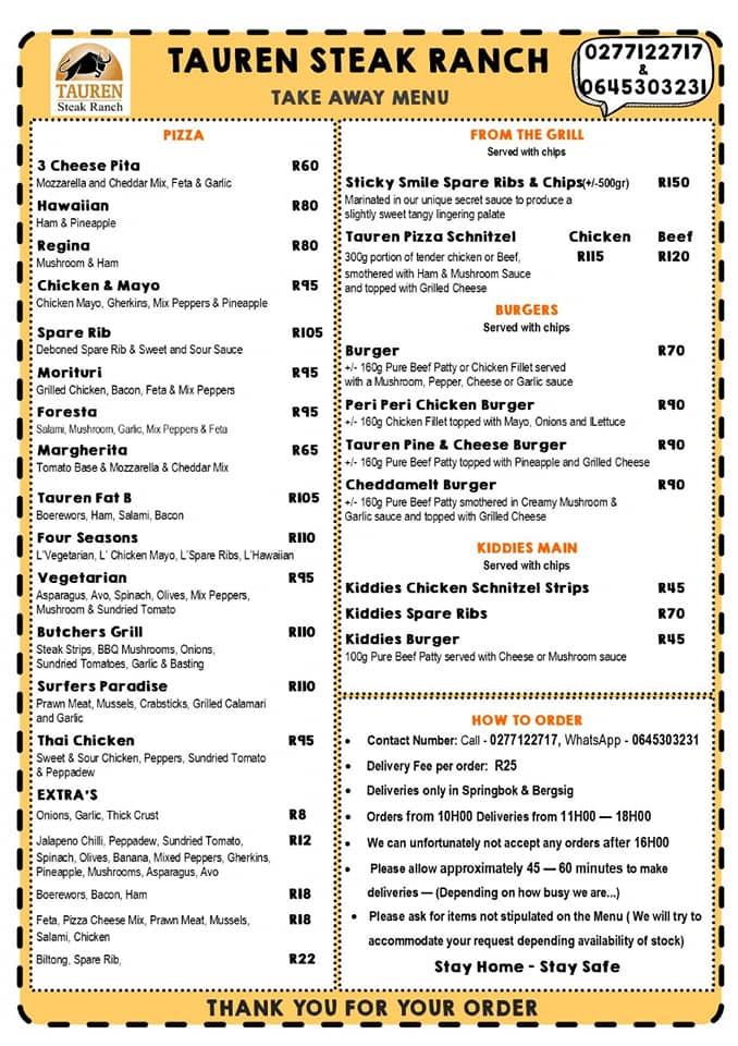 Menu at Tauren Steak Ranch Springbok steakhouse, Springbok