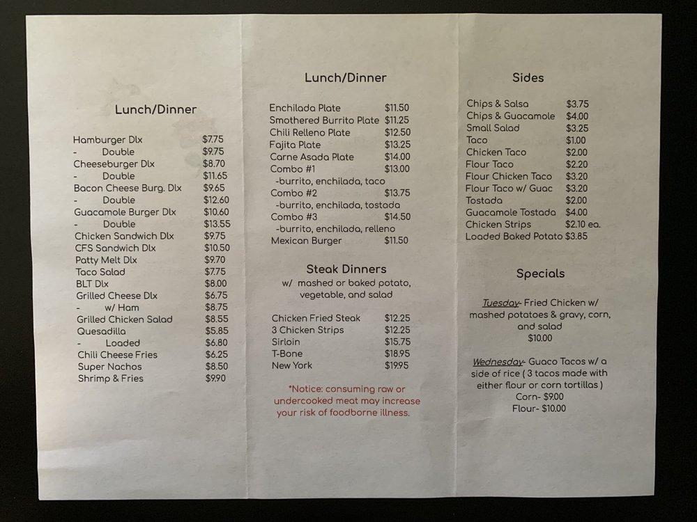 Menu at Becky's Restaurant, Lamar