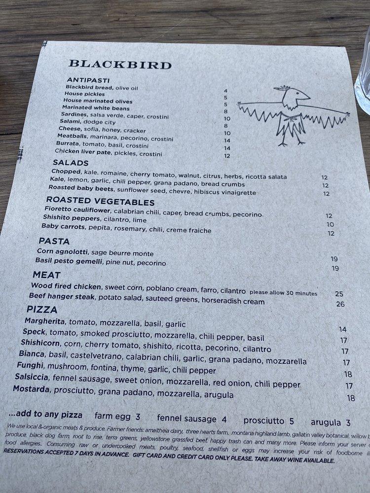 Menu at Blackbird restaurant, Bozeman