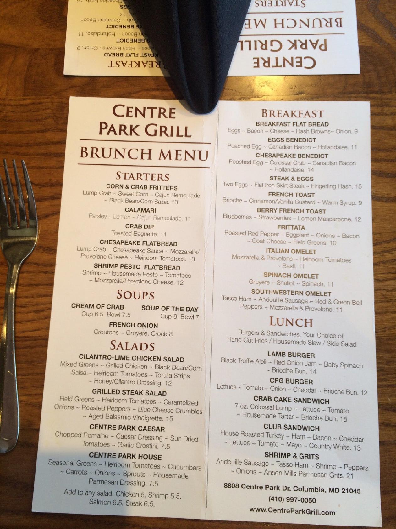 Menu at Centre Park Grill pub & bar, Columbia