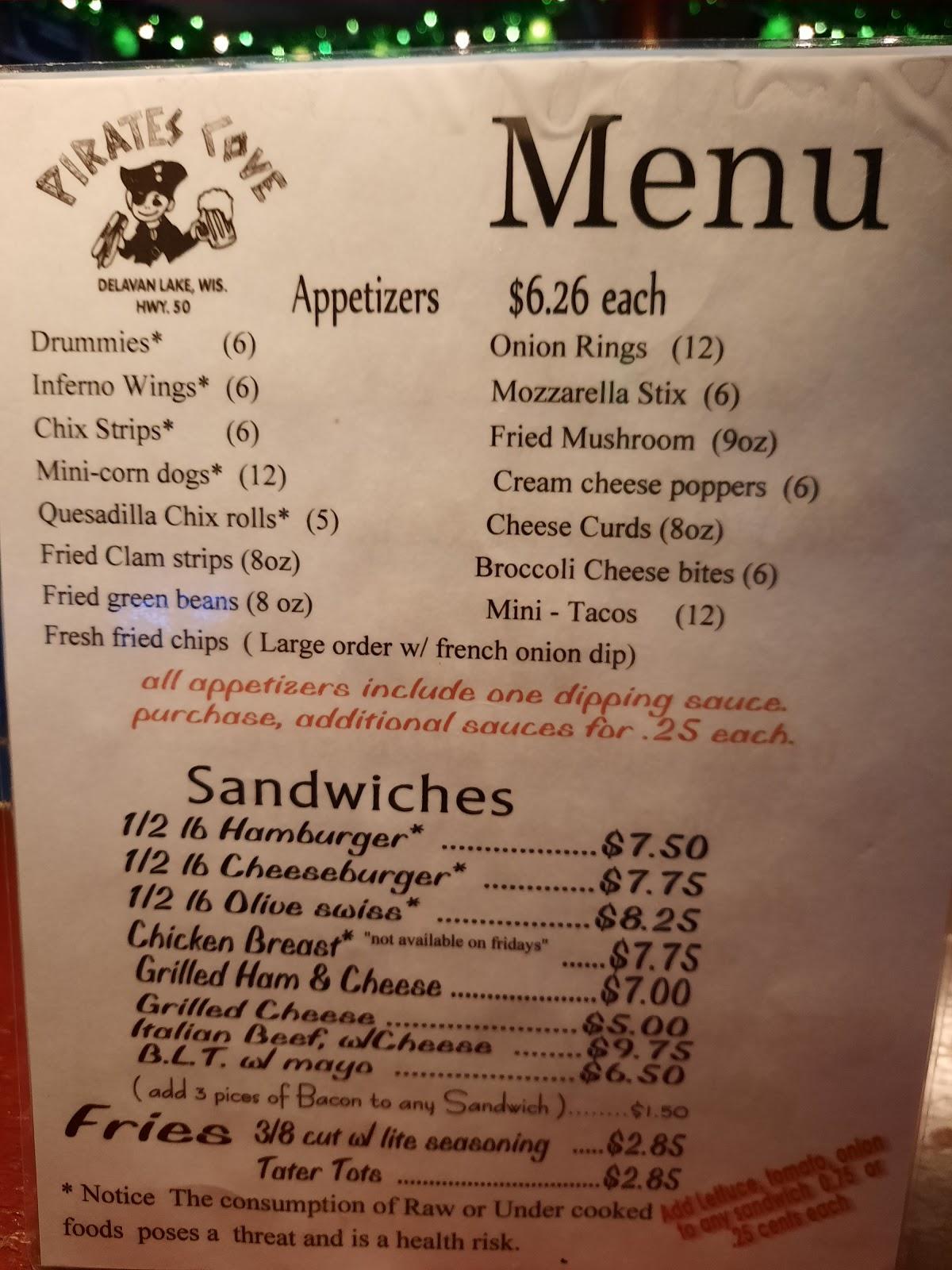 Menu at Pirate's Cove pub & bar, Delavan