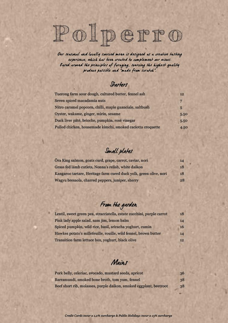 Menu at Polperro Winery restaurant, Red Hill