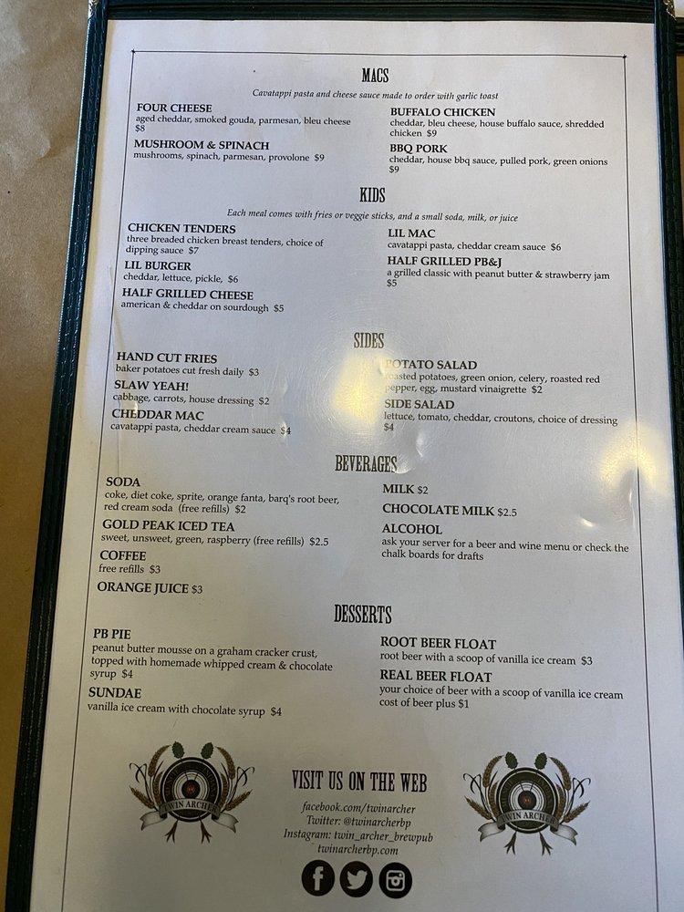 Menu at Twin Archer Brewpub, Muncie