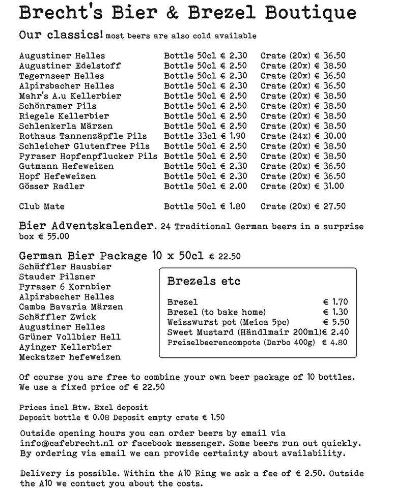 Menu at Café Brecht, Amsterdam, Weteringschans 157