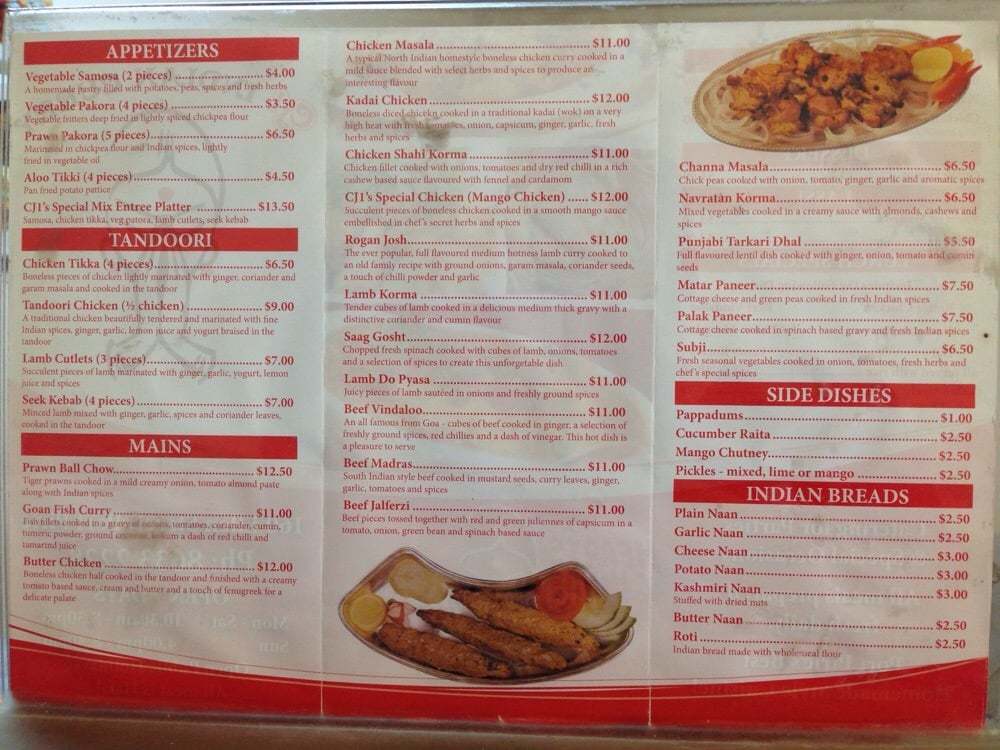 Menu at CJ1 Indian Curry fast food, Port Pirie