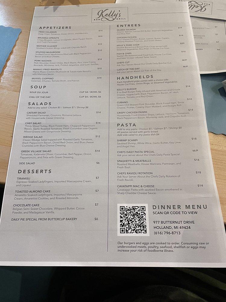 Menu at Kelly's Bar & Grill, Holland