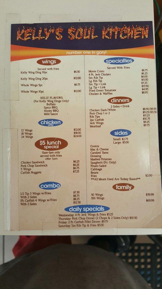 Menu at Kelly's Soul Kitchen restaurant, Gary