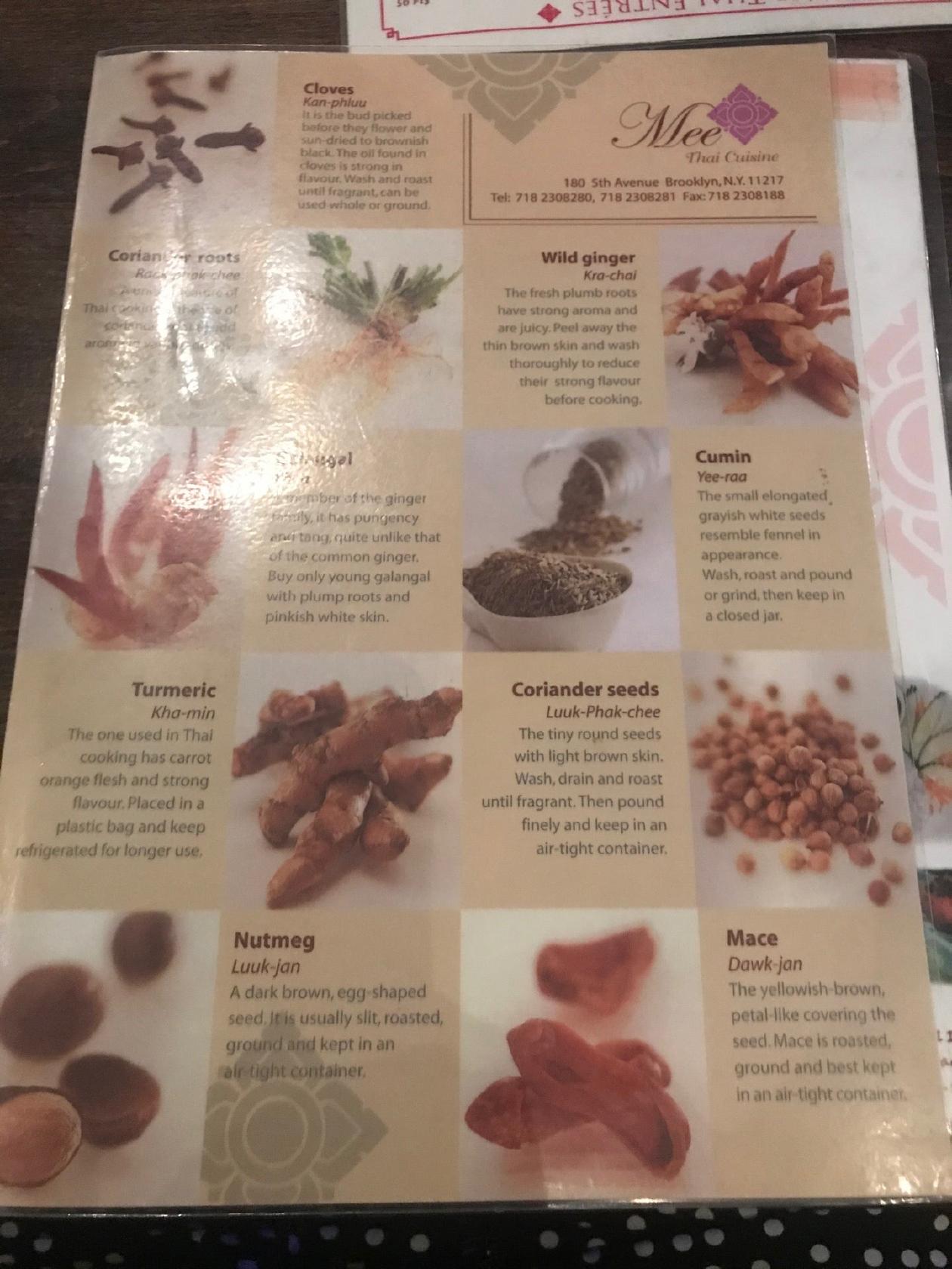 Menu at Mee Thai restaurant, New York City, 180 5th Ave