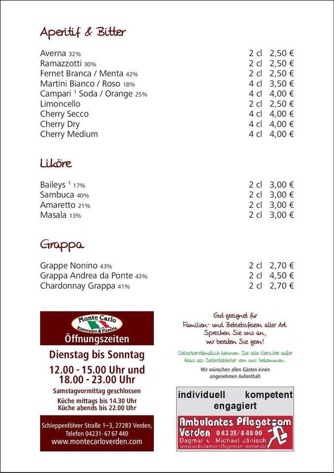 Menu at Monte Carlo restaurant, Verden