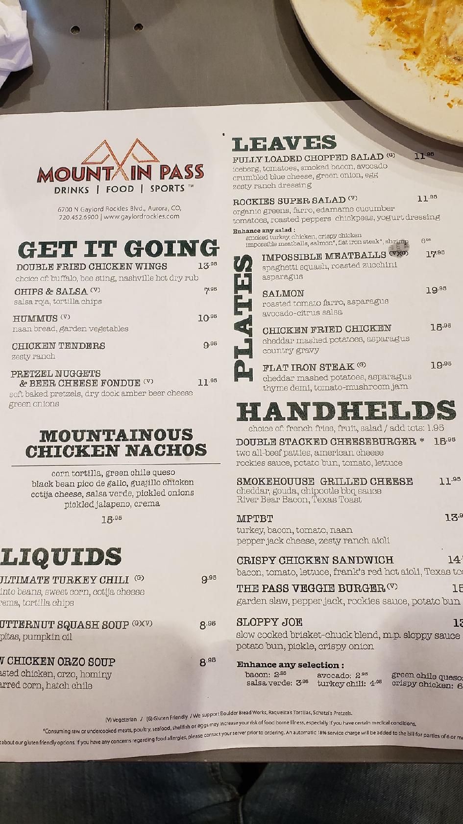 Menu at Mountain Pass Sports Bar, Aurora