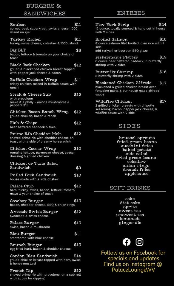 Menu at Palace Lounge pub & bar, Martinsburg