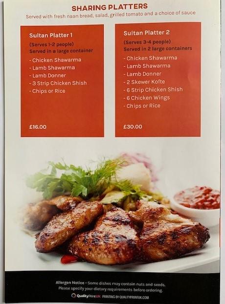 Carta del restaurante Sultan Shawarma, Portsmouth